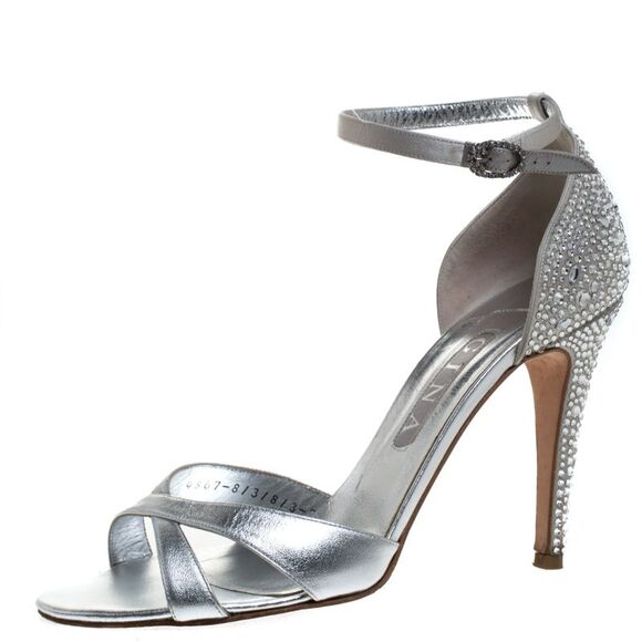 Gina | Shoes | Gina Silver Leather And Satin Crystal Embellished Heel ...